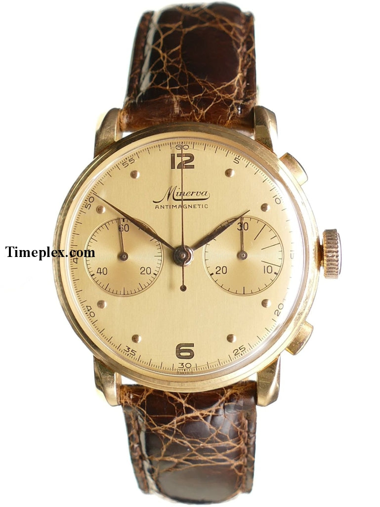 Minerva 18K Solid Gold Chronograph with Box – Timeplex
